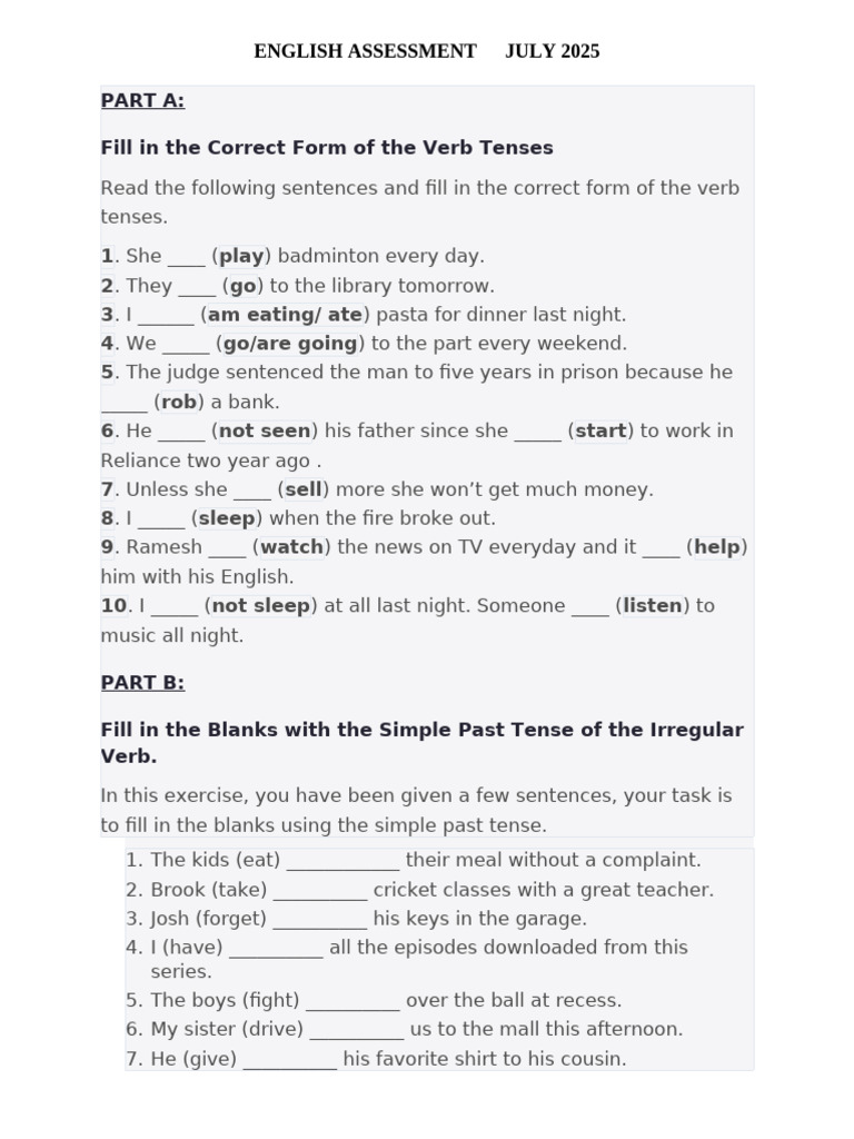 English Assessment July 2025 | PDF | Syntax | Linguistics