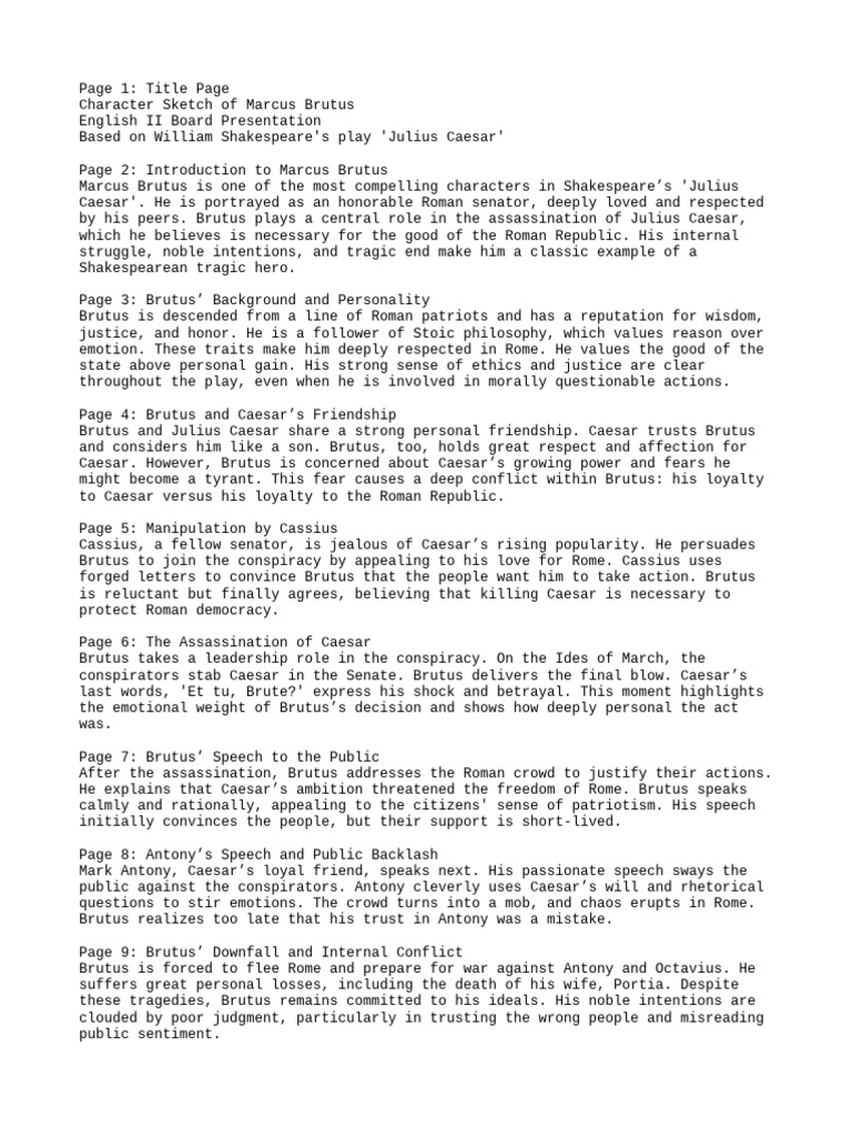 Brutus Character Sketch 1500 Words | PDF | Julius Caesar | Mark Antony