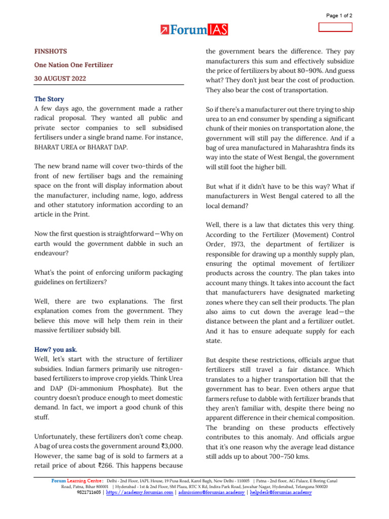 One Nation One Fertilizer Overview | PDF | Fertilizer | Subsidy