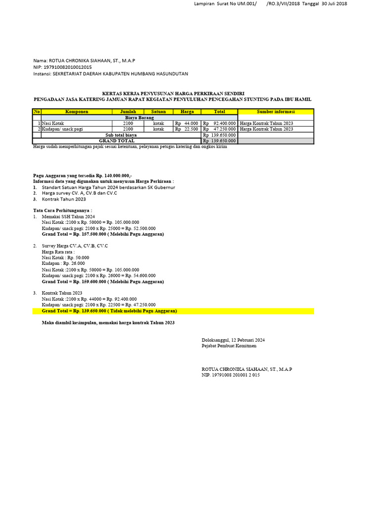 Rotua CS - Lampiran 05 - Form Harga Perkiraan Sendiri Jasa Katering | PDF