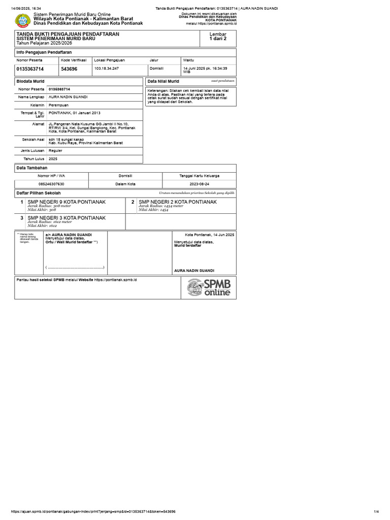 Tanda Bukti Pengajuan Pendaftaran - 0135363714 - AURA NADIN SUANDI | PDF