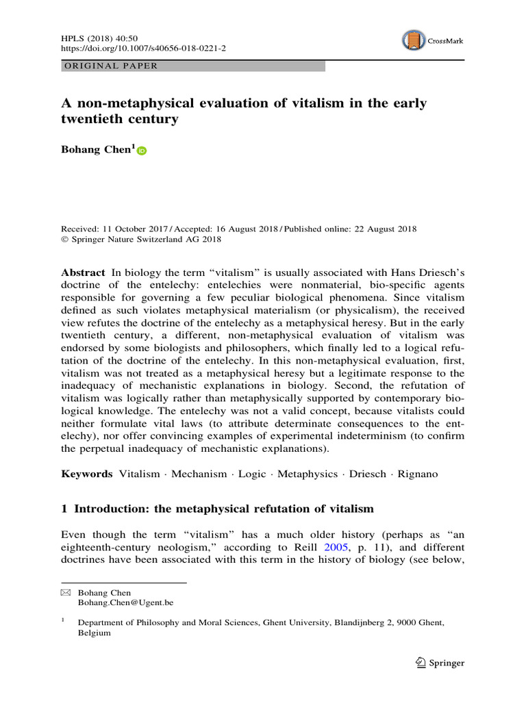 A Non-Metaphysical Evaluation of Vitalism in The Early Twentieth ...