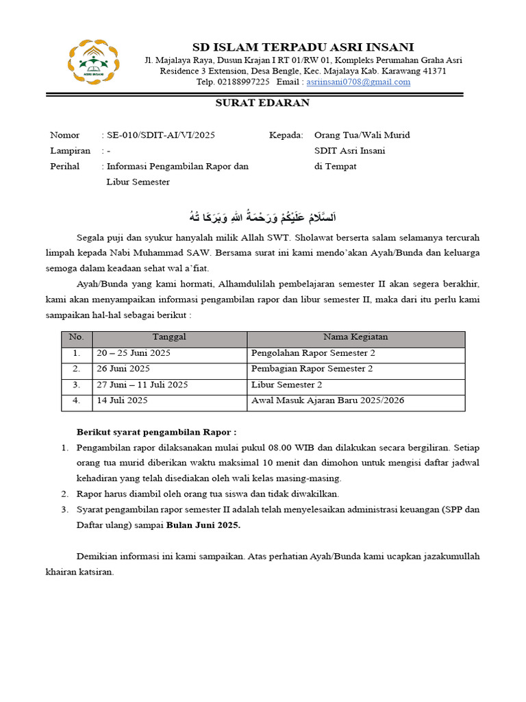 Surat Edaran Informasi Pengambilan Rapot Dan Libur Semester | PDF