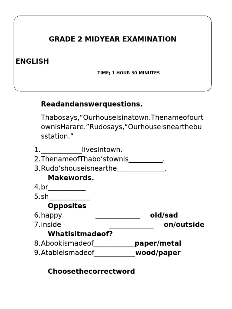 Grade 2 English Exam Practice | PDF