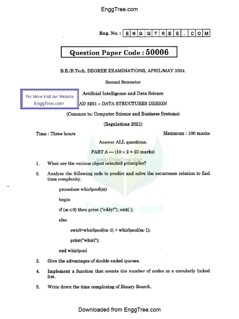 AD3251 Data Structures Design Apr May 2024 Question Paper Download | PDF