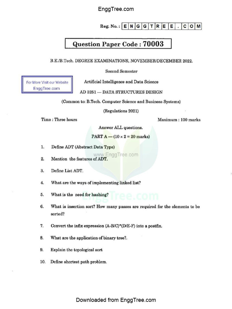 AD3251 Data Structures Design Nov Dec 2022 Question Paper Download | PDF