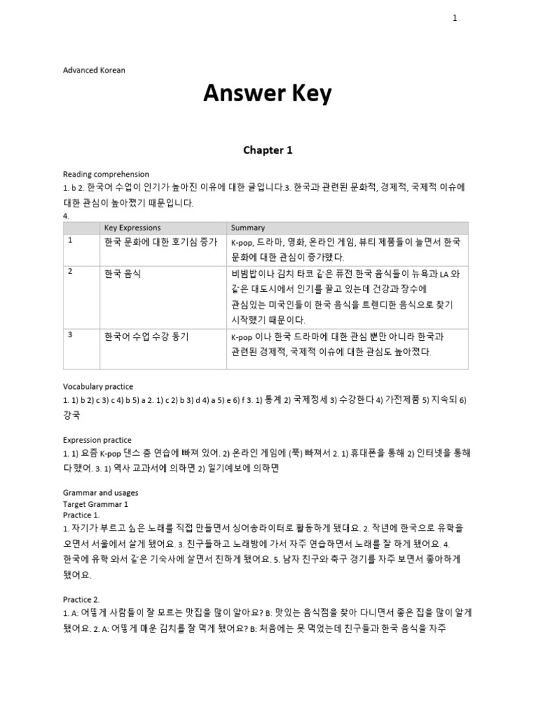 Answers Key Advanced Korean 2021 | PDF