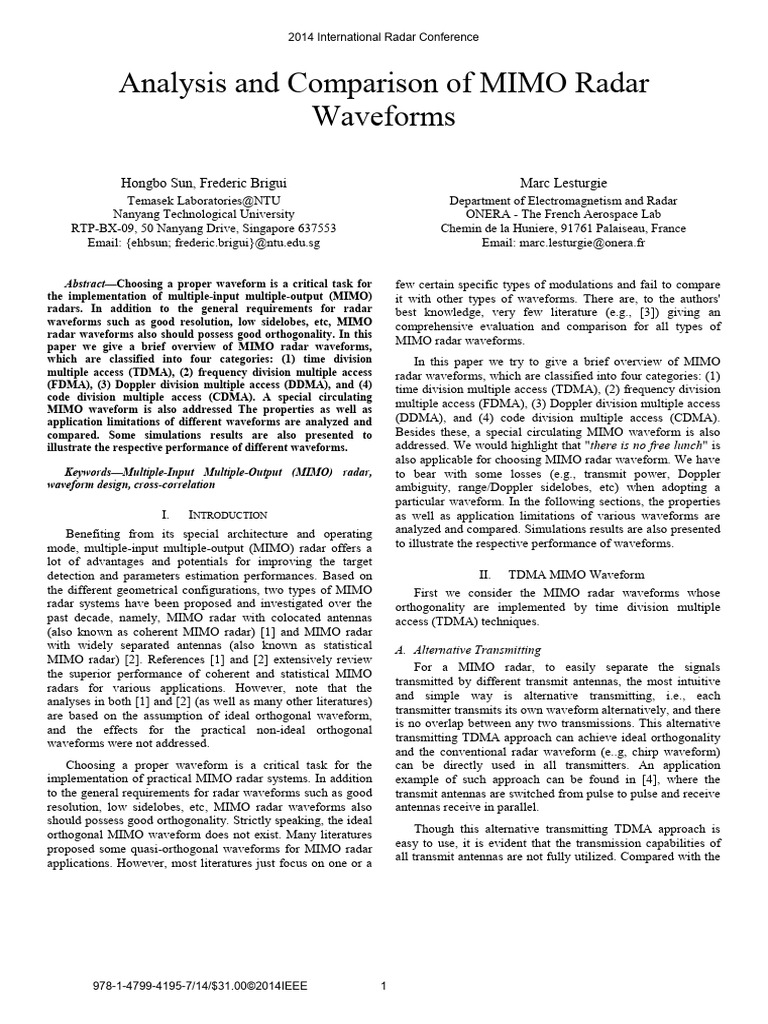 Analysis and Comparison of MIMO Radar Waveforms | PDF | Mimo | Radar