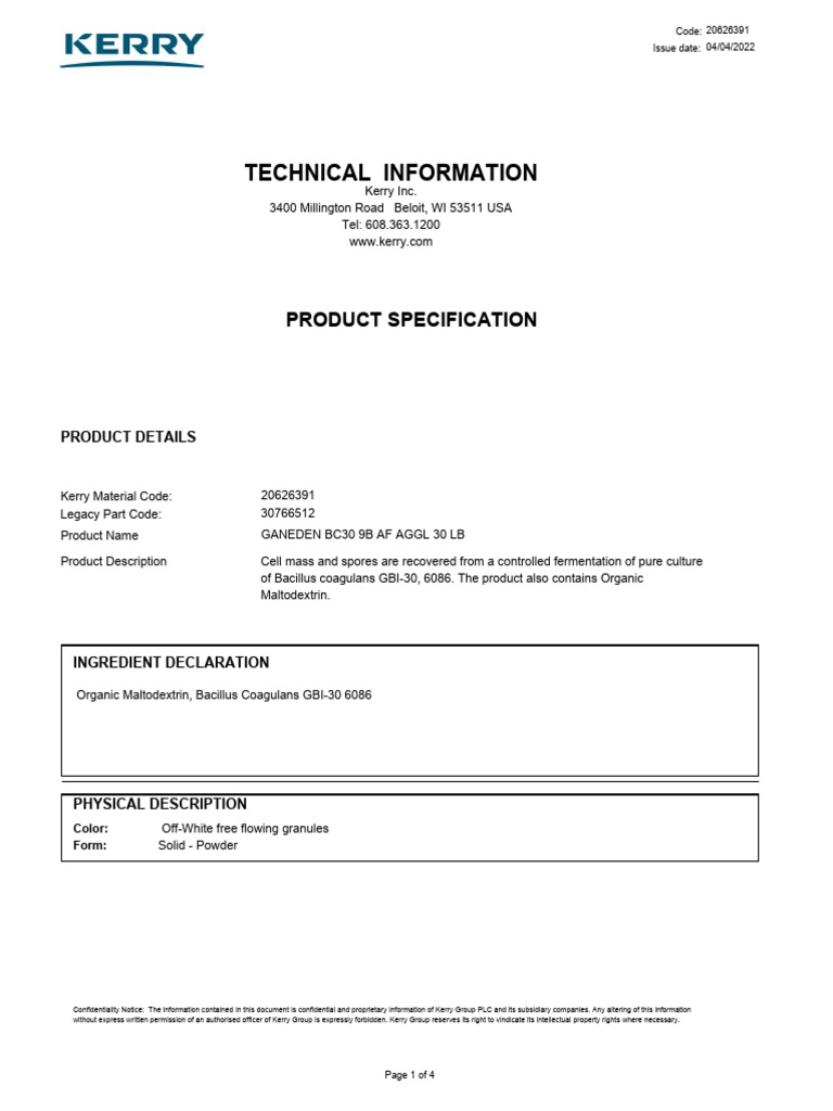 Ganeden BC30 Product Specification | PDF