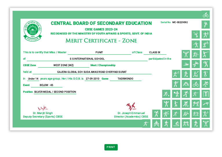 Merit Certificate - Zone - CBSE4 | PDF