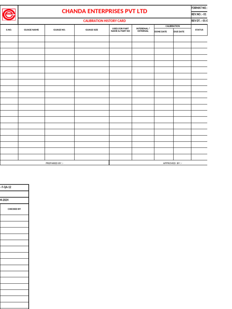 F-Qa-12 Calibration History Card | PDF