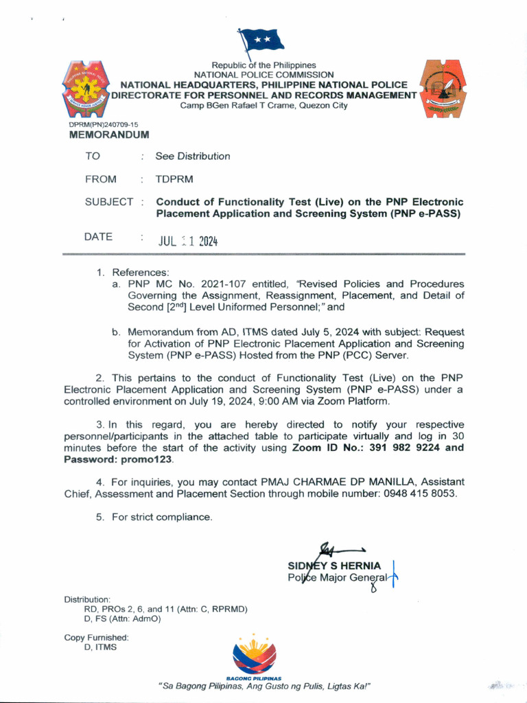Conduct of Functionality Test (Live) On The PNP Electronic Placement ...