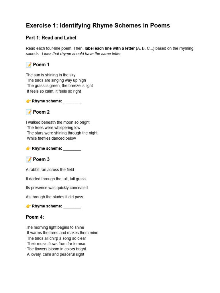 Exercise - Identifying Rhyme Schemes in Poems | PDF