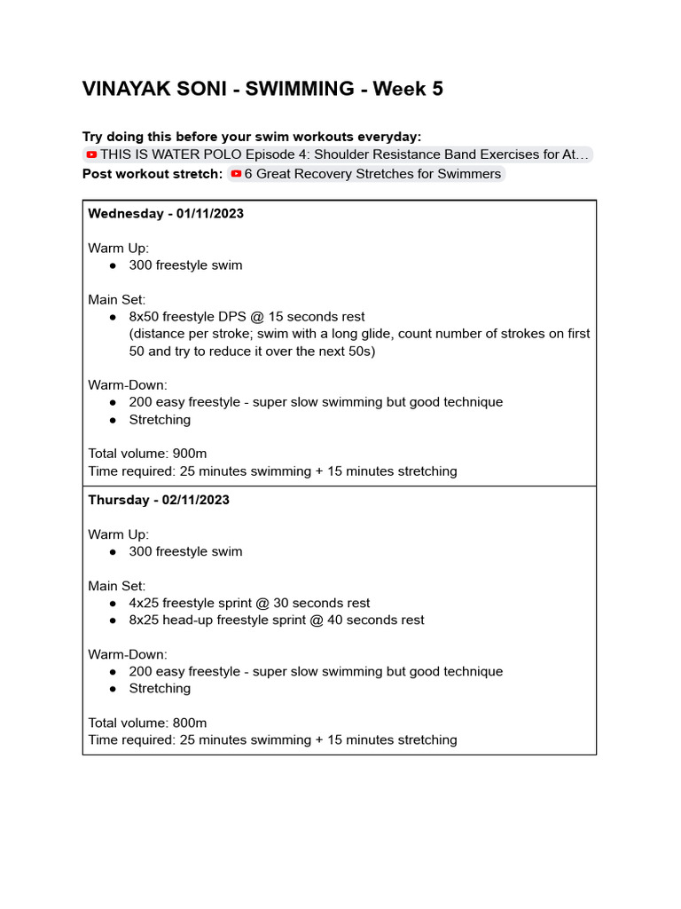 Week 5 Swimming Workout Plan | PDF | Swimming (Sport) | Swimming