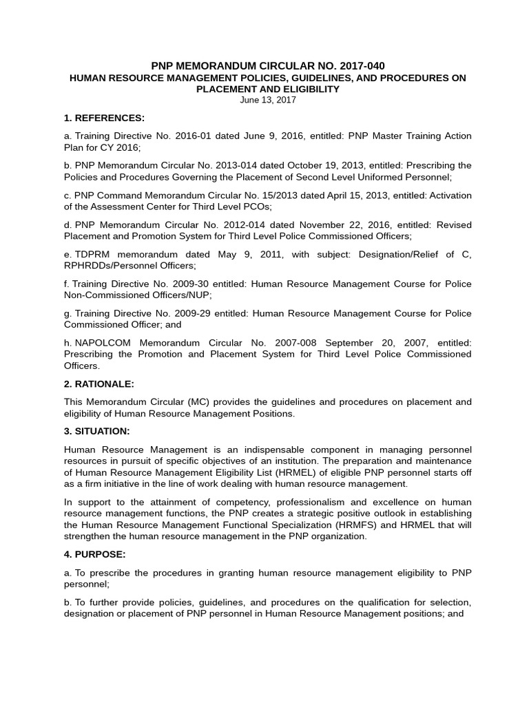 PNP Memorandum Circular No 2017-040 | PDF | Human Resource Management ...