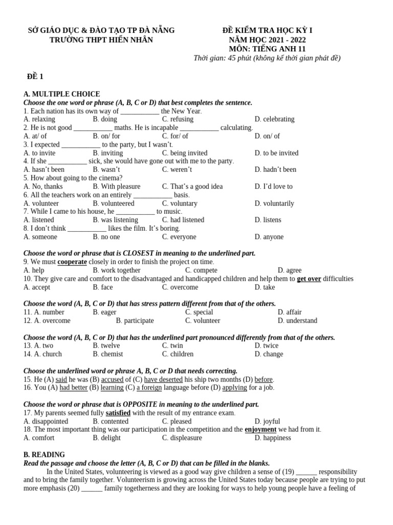 De Thi Hki 2021-2022 Hien Nhan | PDF | Wedding