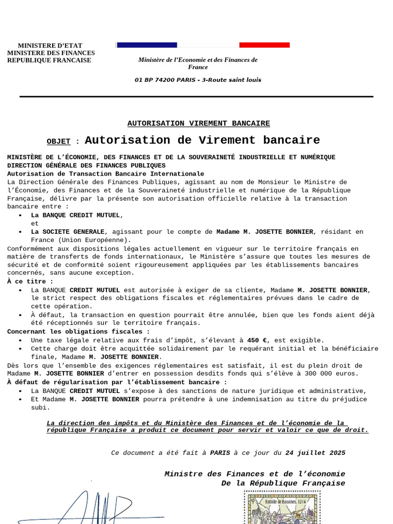 Autorisation de Virement Bancaire en France | PDF | Banques | Crédit