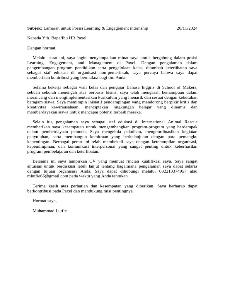 Cover Letter Paxel Lutfie | PDF