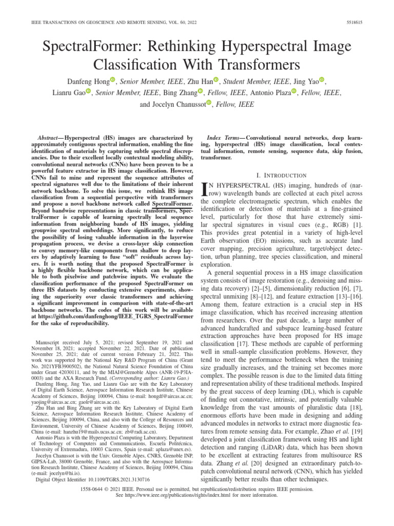 SpectralFormer - Rethinking Hyperspectral Image Classification With Transformers | PDF | Applied ...