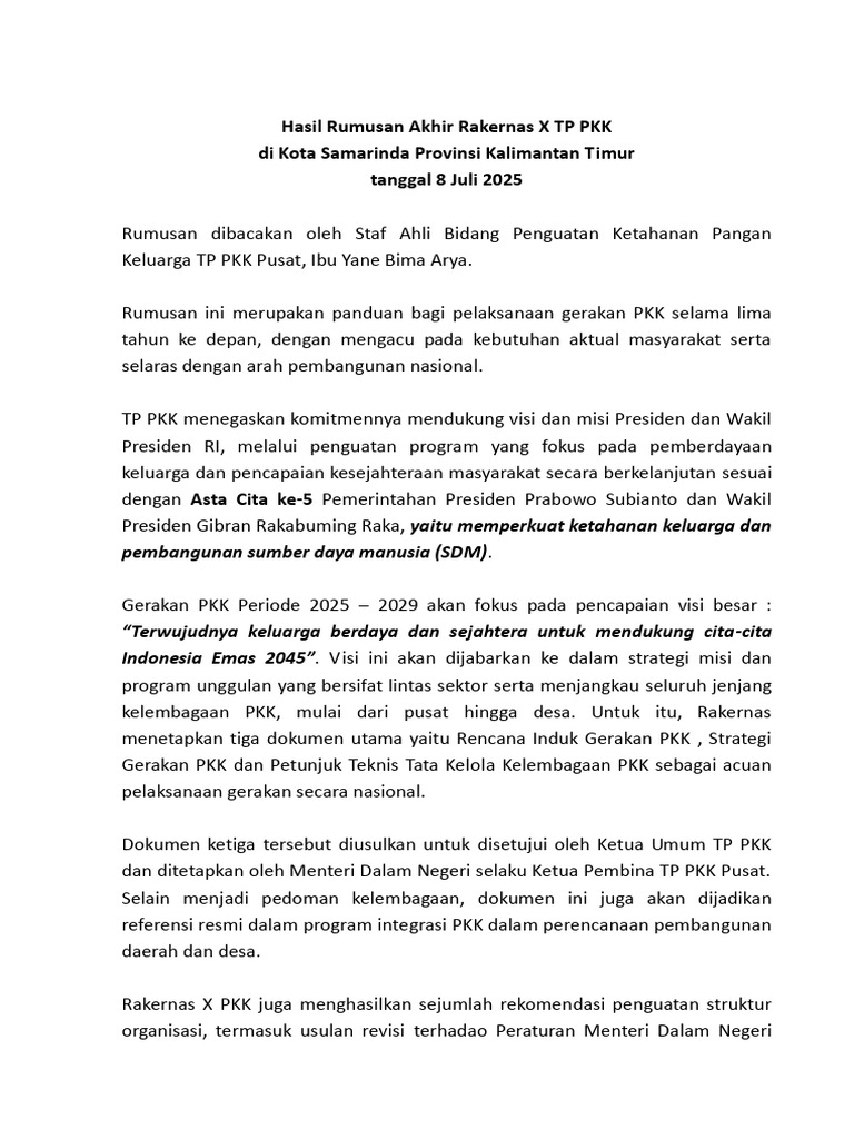 Hasil Rumusan Akhir Rakernas X TP PKK | PDF