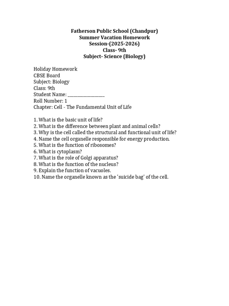Class 9 Biology Homework: Cell Unit | PDF | Cell (Biology) | Cytoplasm