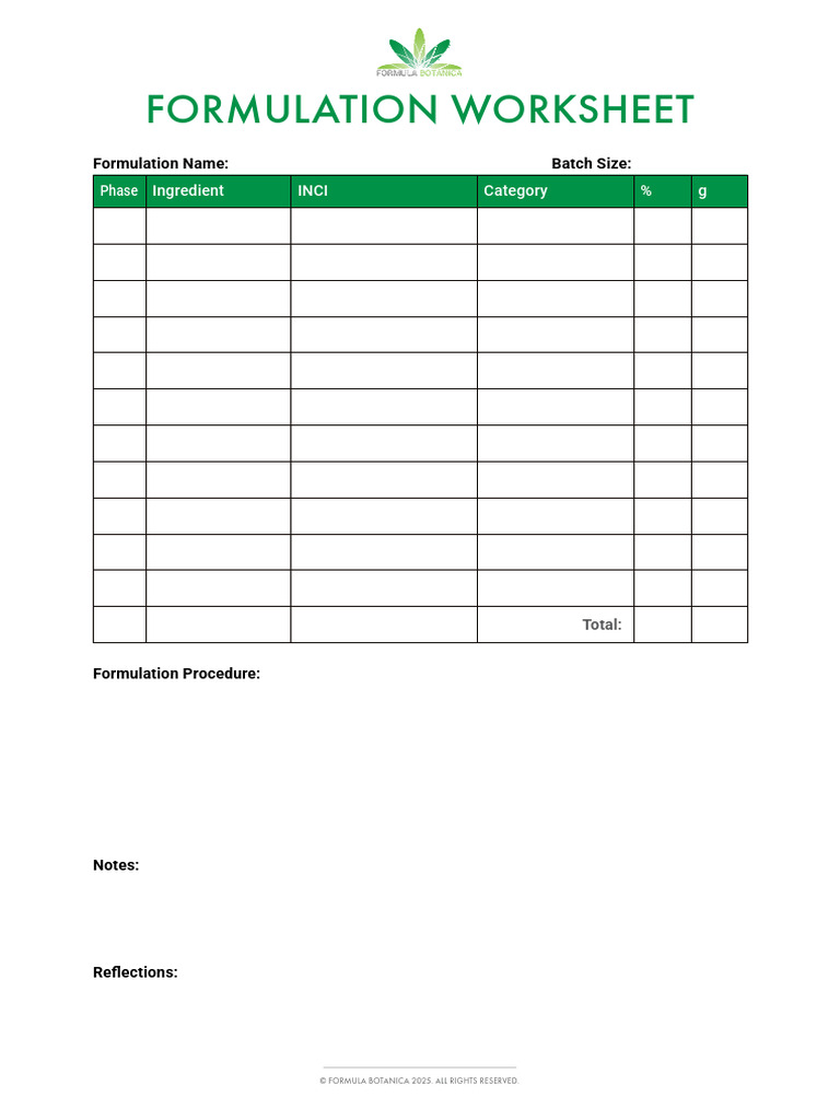 Formulation Worksheet 2025 | PDF