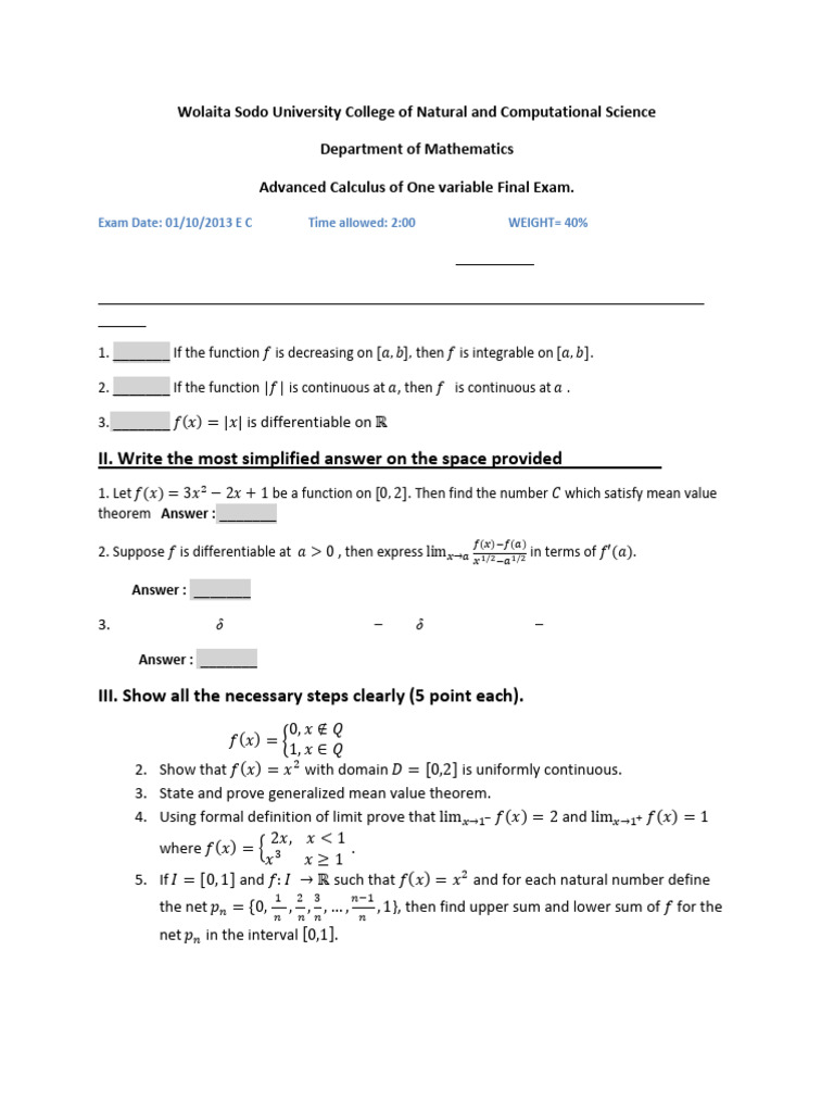 Advanced Calculus Final Exam - 2015 | PDF