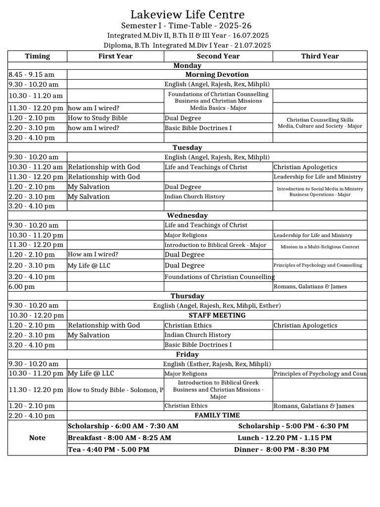 Semester I - Timetable 2025-26 | PDF | Bible | Salvation