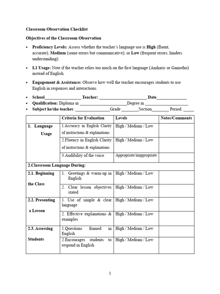 Classroom Observation Checklist | PDF | Teachers | English As A Second ...