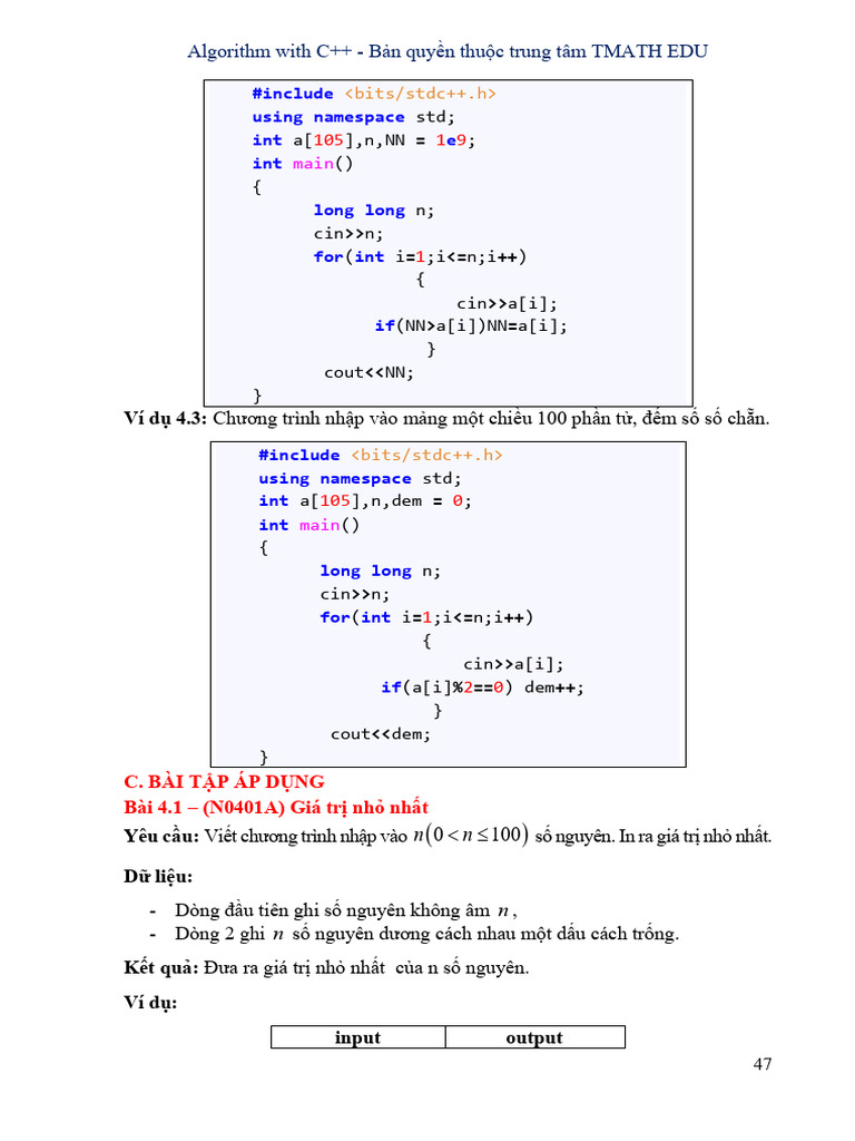 Algorithm With C++ - B N Quy N Thu C Trung Tâm TMATH EDU | PDF