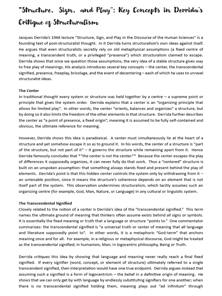 Derrida's Sign Structure and Play Notes | PDF | Deconstruction ...