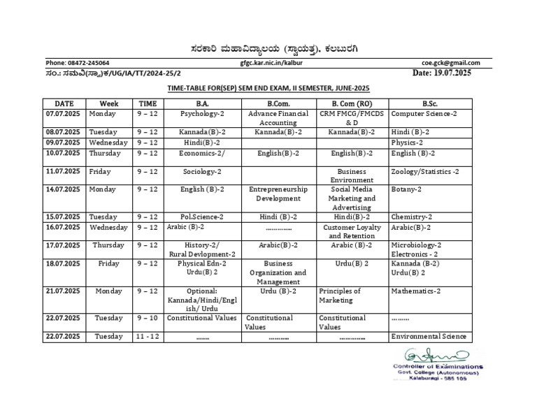 II Semester Exam Time-Table 2025 | PDF