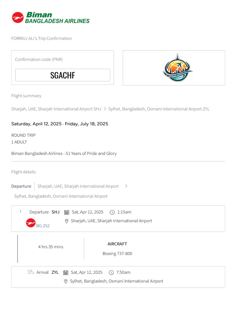 Biman Bangladesh Airlines - Print Confirmation | PDF