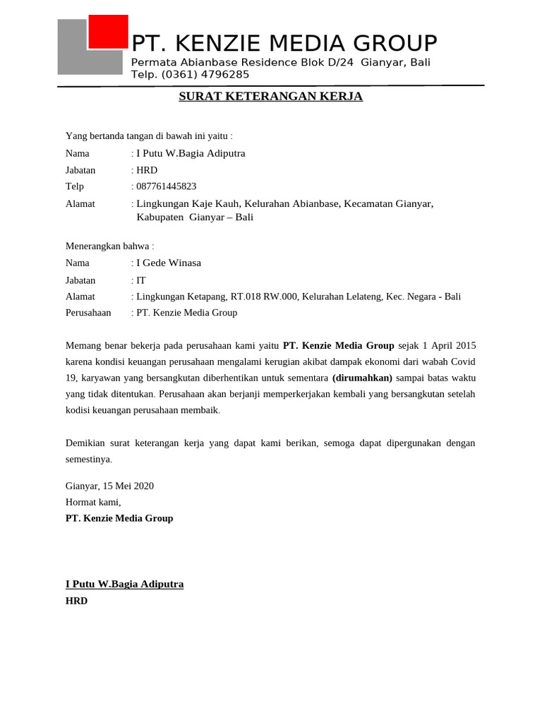 Surat Keterangan Kerja PT Kenzie Media | PDF