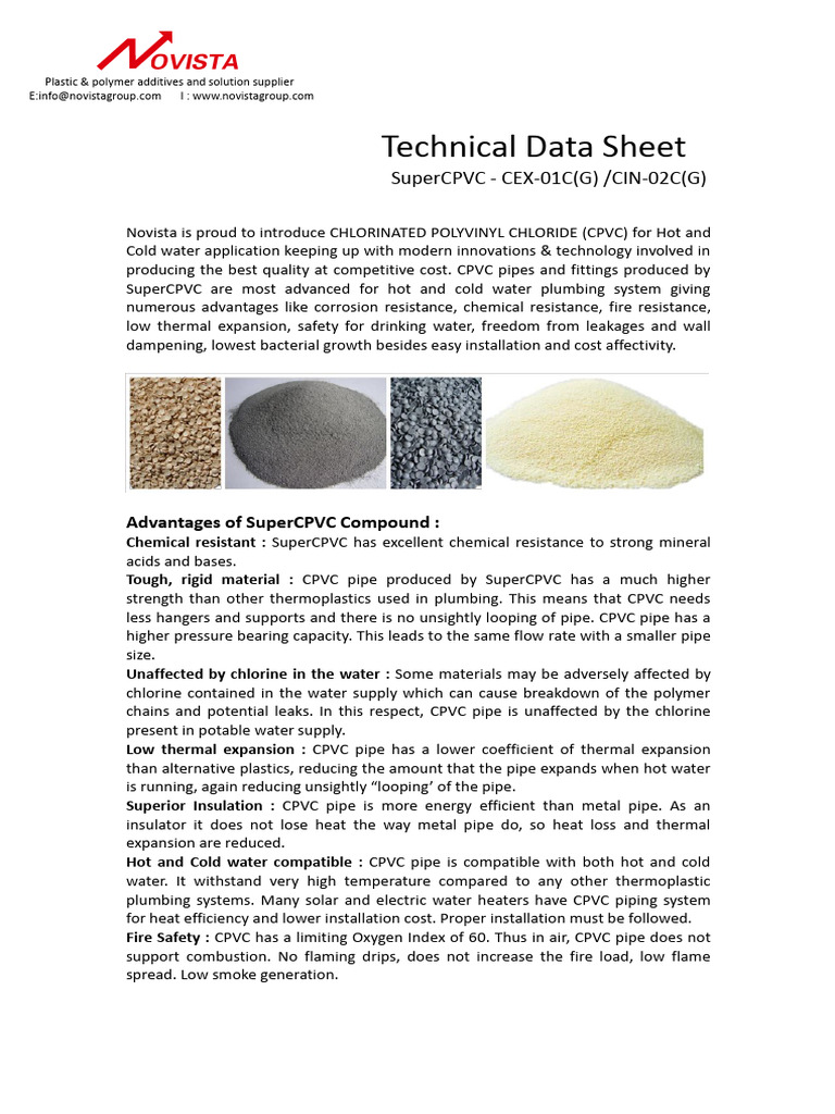 CPVC Compound Cex-01c For Pipe + Cin-02c For Fitting - Tds | PDF | Pipe (Fluid Conveyance) | Plastic