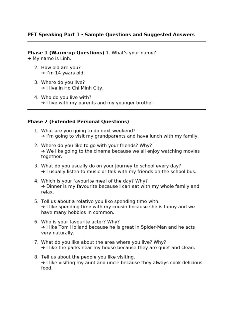 PET Speaking Part 1: Sample Q&A Guide | PDF