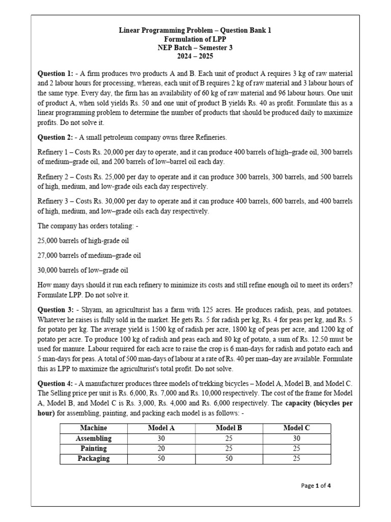 QB 1 - Formation of A Model (LPP) (2024-2025) | PDF | Oil Refinery | Linear Programming