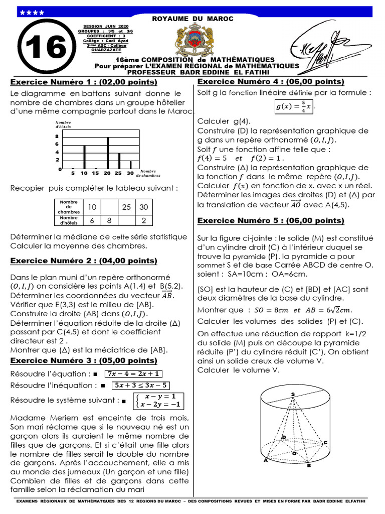 Examen Régional Math 3AC 2020 | PDF | Le volume | Géométrie