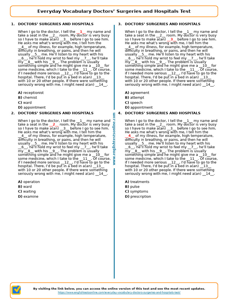 206 - Everyday Vocabulary Doctors Surgeries and Hospitals Test | PDF ...