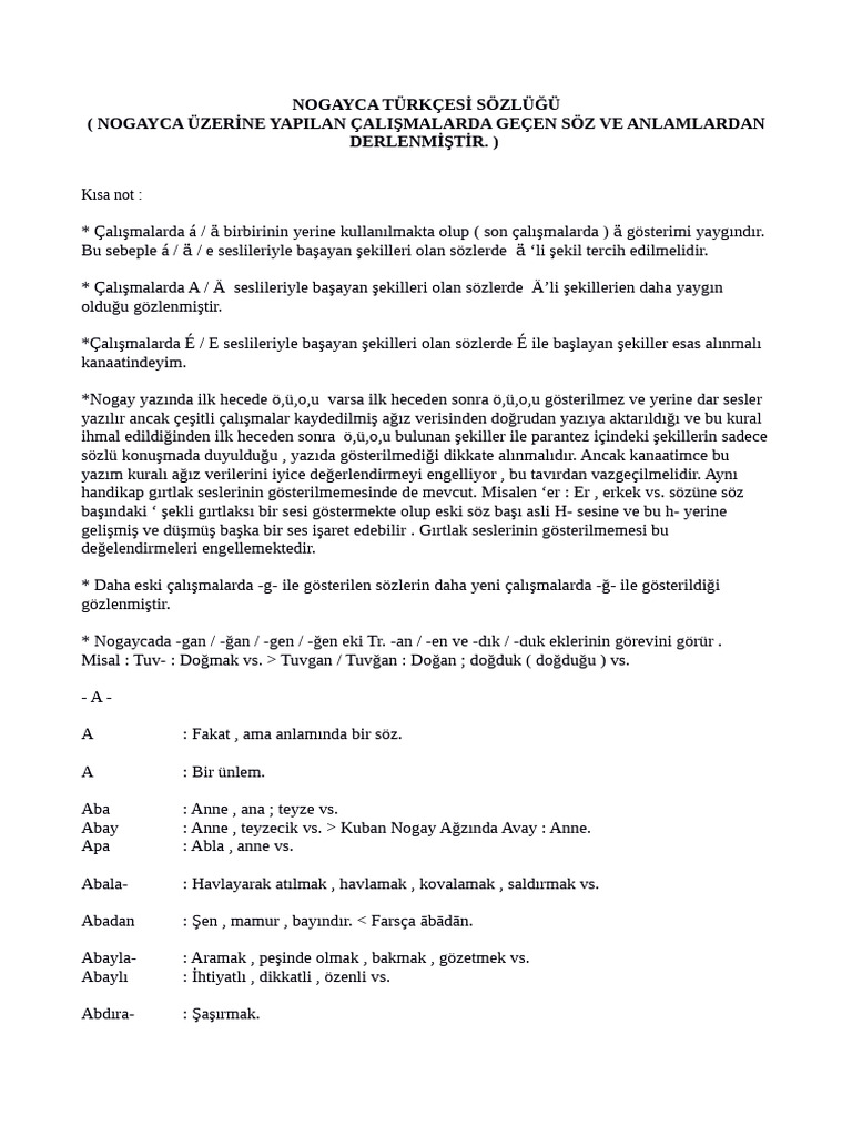 Nogay Türkçesi̇ Sözlüğü | PDF