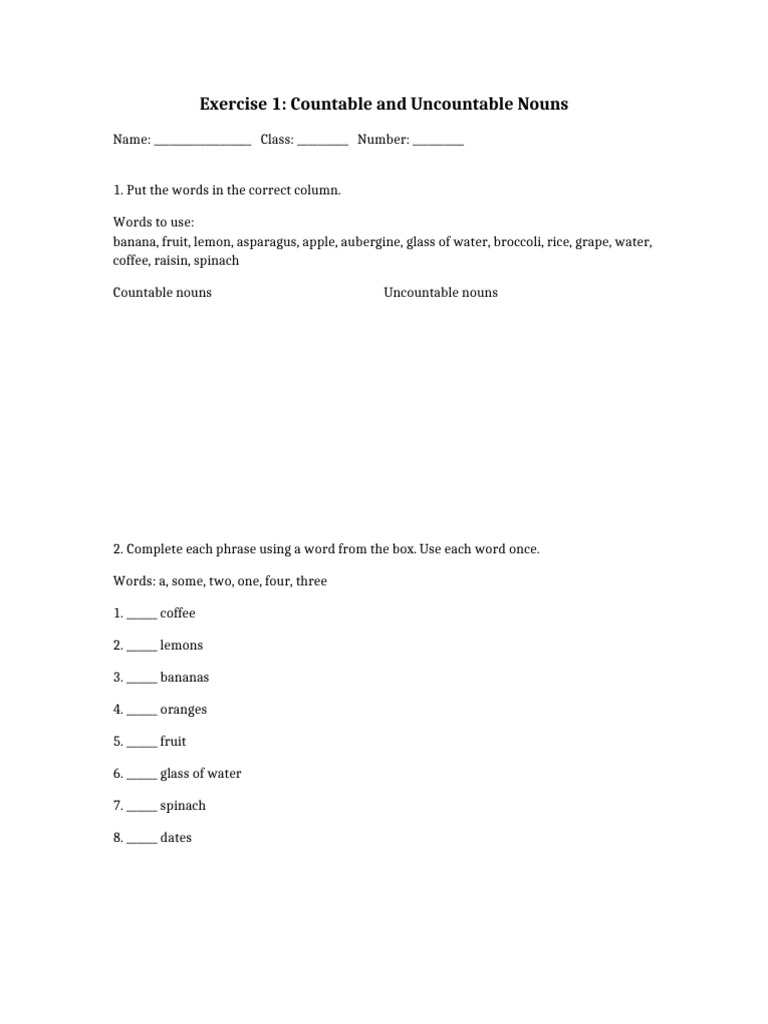 Countable vs Uncountable Nouns Worksheet | PDF
