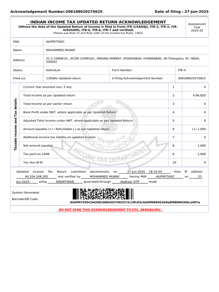 Updated Income Tax Return Acknowledgement | PDF | Tax Refund | Taxes