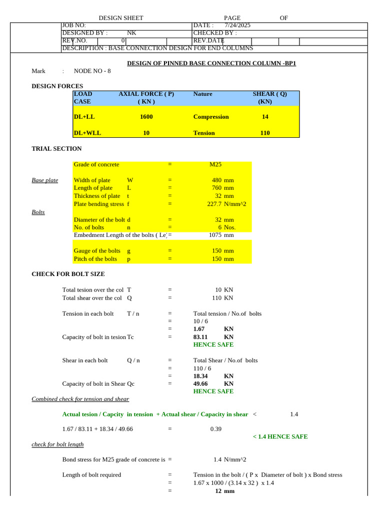 Pinned Base Connection Design BP1 | PDF | Bending | Shear Stress