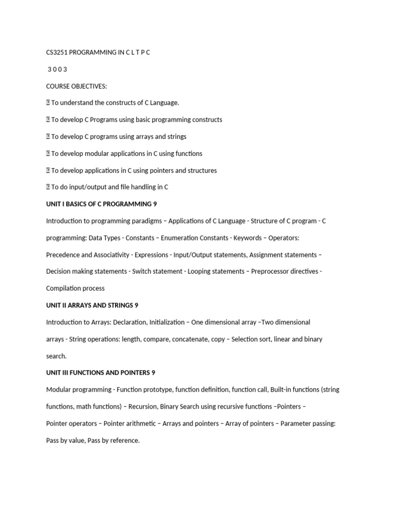 Syllabus C | PDF | C (Programming Language) | Pointer (Computer Programming)