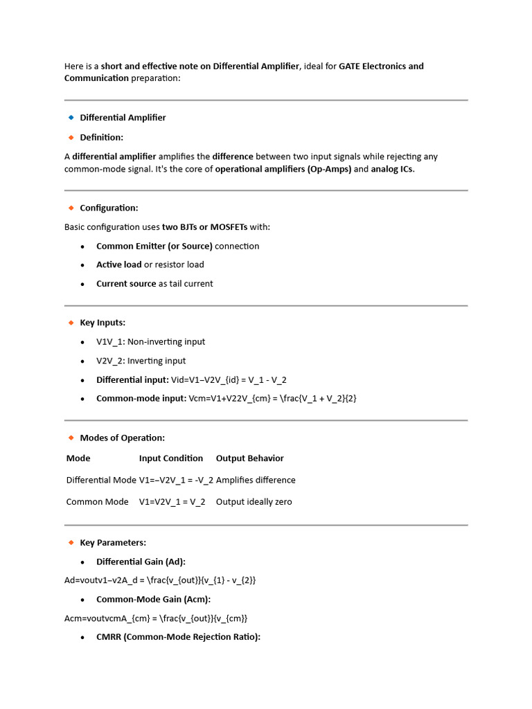 Differential Amplifier Overview for GATE | PDF