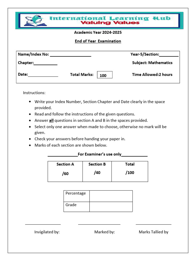 End of Year Exam, Year-5, Math, 2024-25 PDF ..... HJJJK | PDF | Area ...