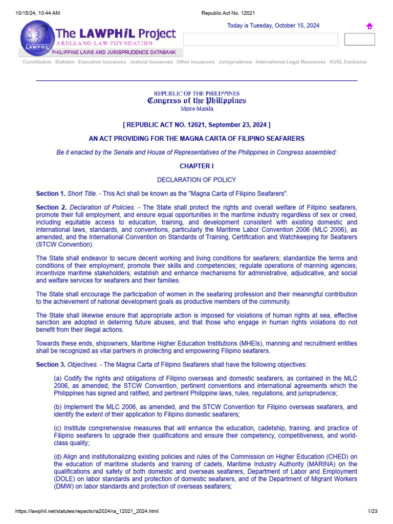 Ra 12021 Magna Carta of Filipino Seafarers - Lawphil Version | PDF | Employment