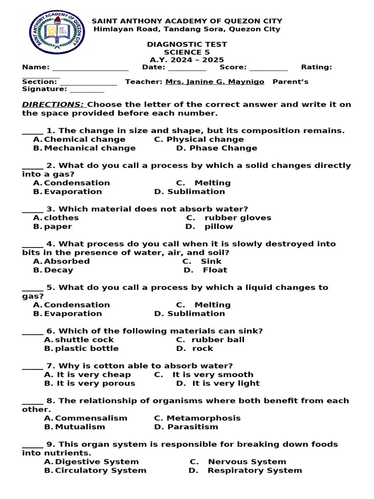 Science 5 Diagnostic Test (A.y. 2024 - 2025) | PDF | Cloud | Soil
