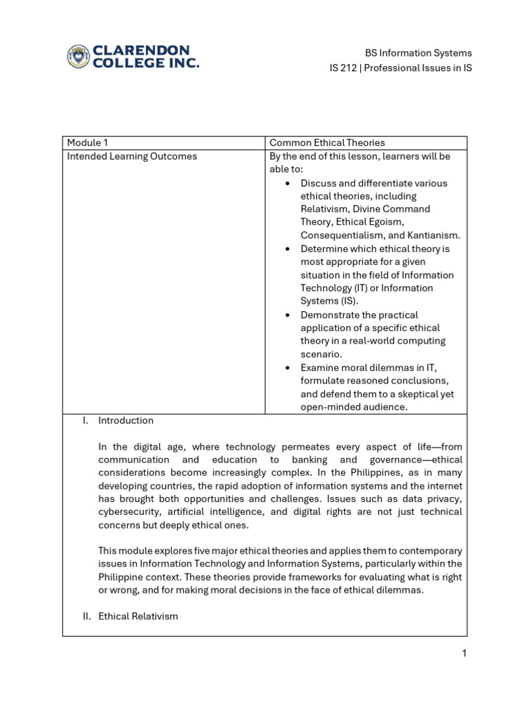 Ethical Theories in Information Systems | PDF | Morality | Utilitarianism