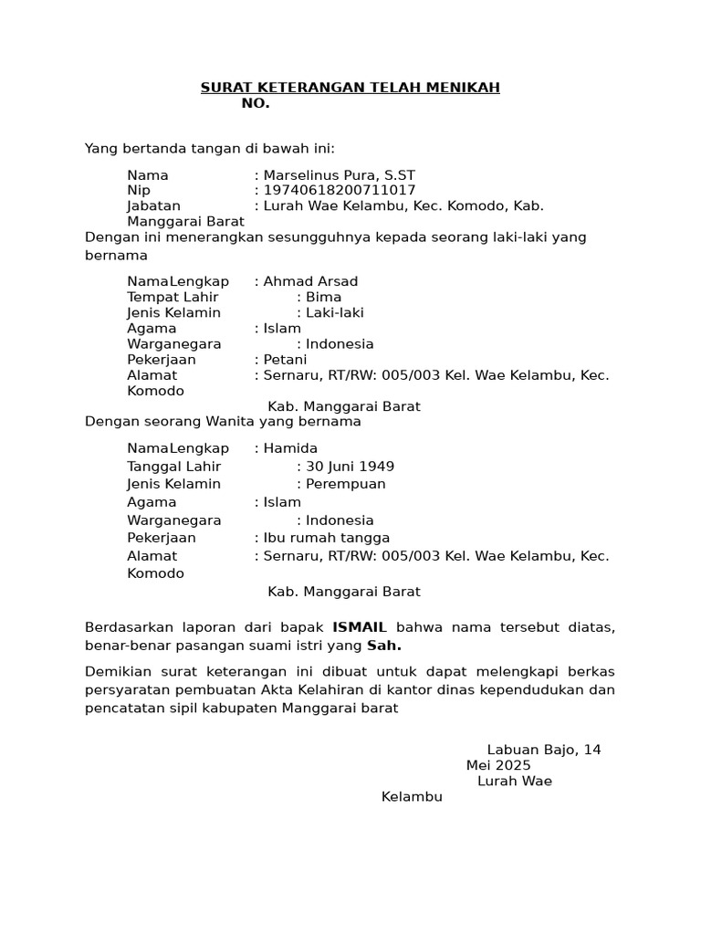Surat Keterangan Menikah Ahmad dan Hamida | PDF